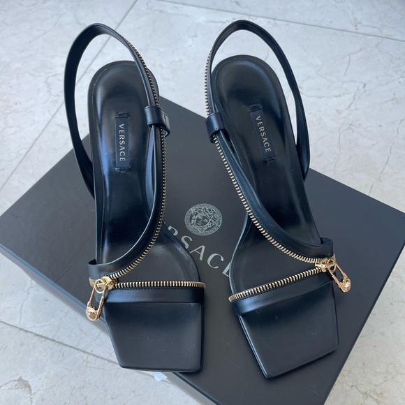 Versace | Shoes | Versace Versace Safety Pin Stiletto Sandals Black ...
